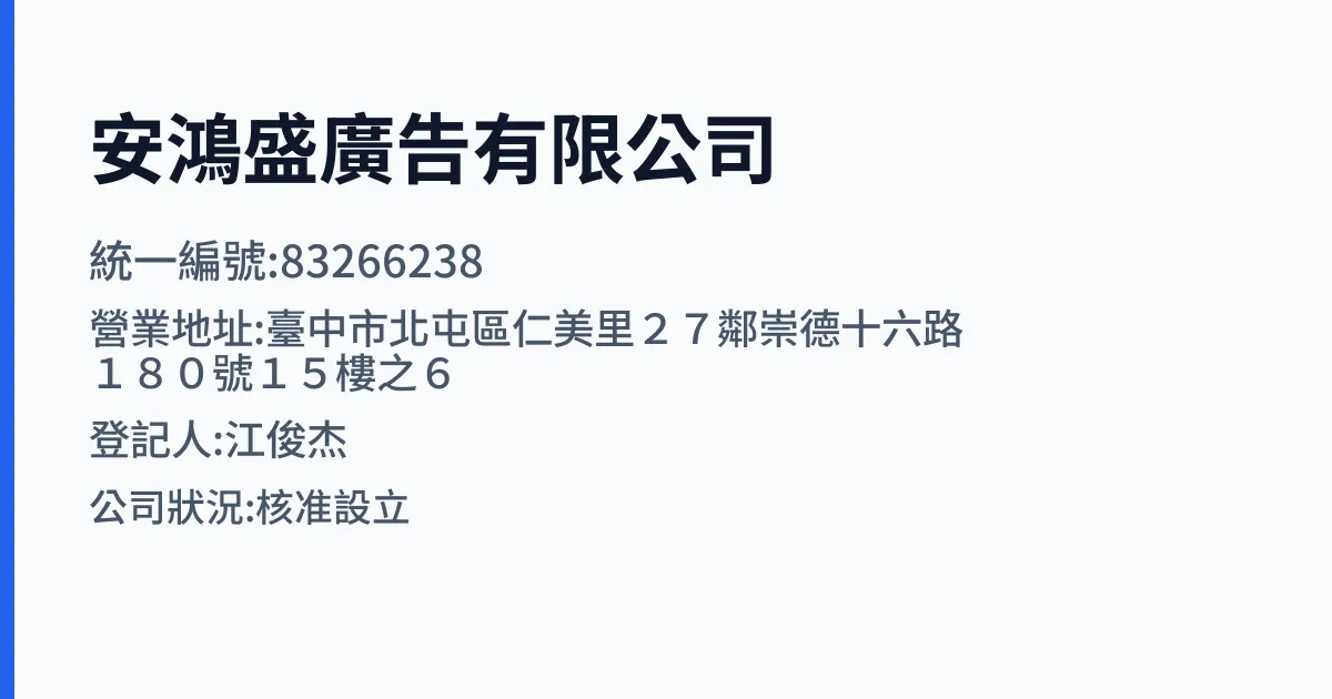 安鴻盛廣告有限公司 - 統編 83266238(臺中市) 公司登記資料與營業項目詳細圖表