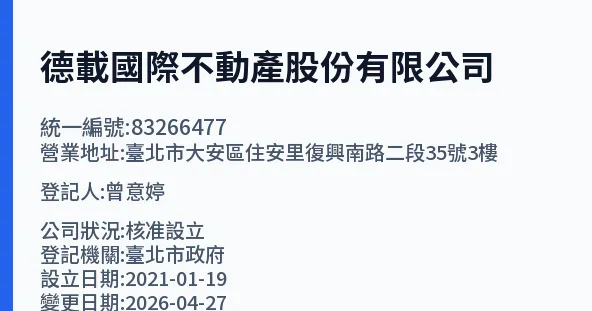 德載國際不動產股份有限公司的照片-統編 83266477(臺北市) 公司登記資料與營業項目詳細圖表