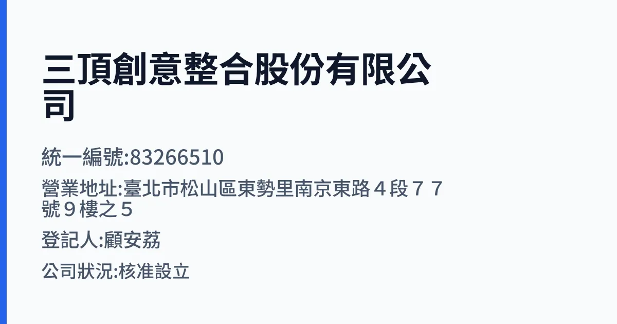 三頂創意整合股份有限公司 - 統編 83266510(臺北市) 公司登記資料與營業項目詳細圖表