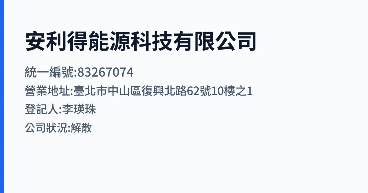 安利得能源科技有限公司 - 統編 83267074(臺北市) 公司登記資料與營業項目詳細圖表