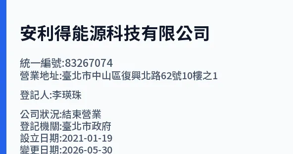 安利得能源科技有限公司的照片-統編 83267074(臺北市) 公司登記資料與營業項目詳細圖表