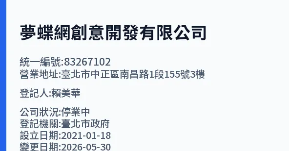 夢蝶網創意開發有限公司的照片-統編 83267102(臺北市) 公司登記資料與營業項目詳細圖表