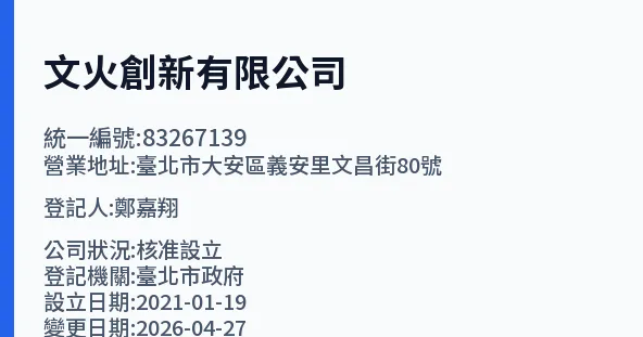 文火創新有限公司的照片-統編 83267139(臺北市) 公司登記資料與營業項目詳細圖表