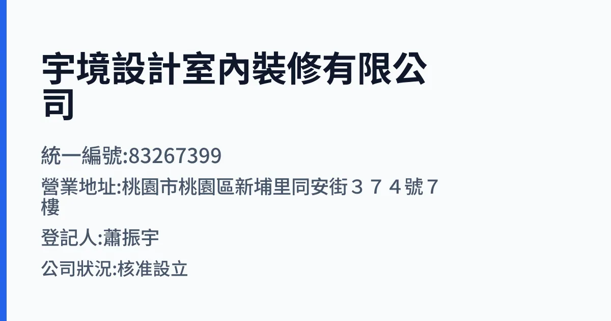 宇境設計室內裝修有限公司 - 統編 83267399(桃園市) 公司登記資料與營業項目詳細圖表