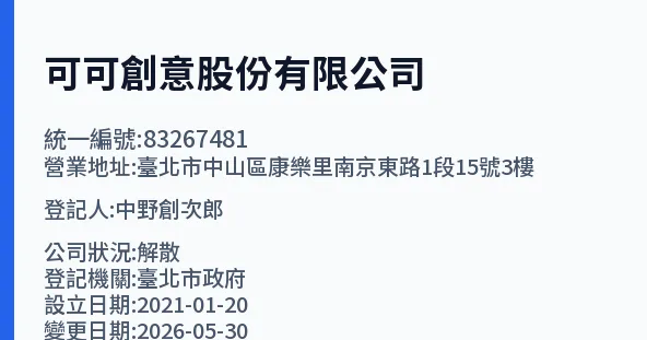 可可創意股份有限公司的照片-統編 83267481(臺北市) 公司登記資料與營業項目詳細圖表