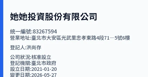 她她投資股份有限公司的照片-統編 83267594(臺北市) 公司登記資料與營業項目詳細圖表