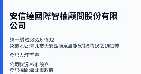 安信達國際智權顧問股份有限公司的照片-統編 83267692(臺北市) 公司登記資料與營業項目詳細圖表