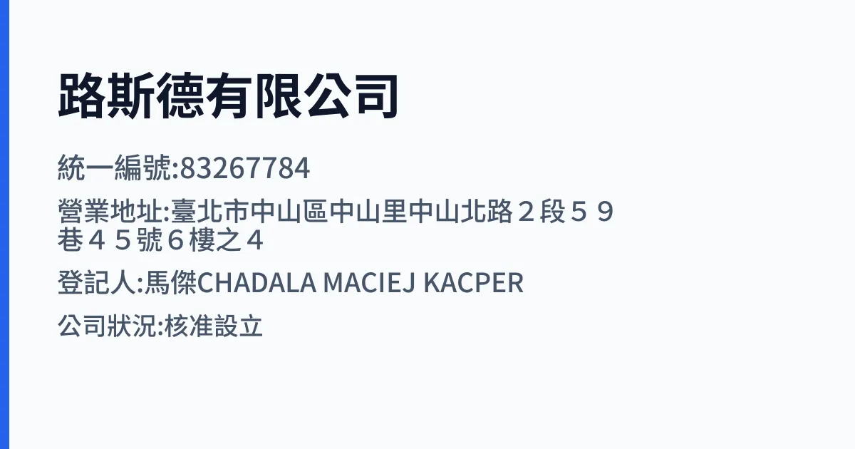 路斯德有限公司 - 統編 83267784(臺北市) 公司登記資料與營業項目詳細圖表
