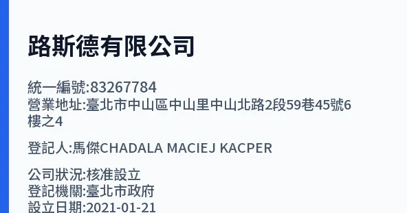 路斯德有限公司的照片-統編 83267784(臺北市) 公司登記資料與營業項目詳細圖表