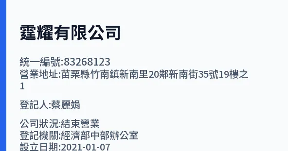霆耀有限公司的照片-統編 83268123(苗栗縣) 公司登記資料與營業項目詳細圖表