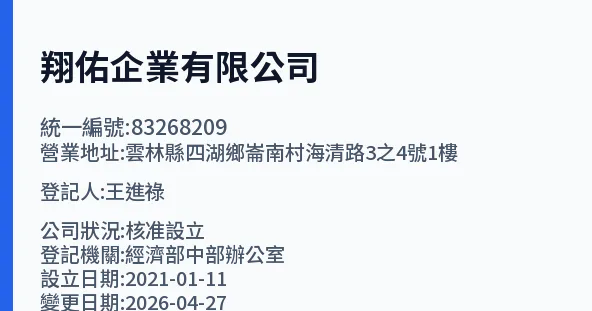 翔佑企業有限公司的照片-統編 83268209(雲林縣) 公司登記資料與營業項目詳細圖表