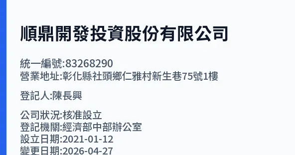 順鼎開發投資股份有限公司的照片-統編 83268290(彰化縣) 公司登記資料與營業項目詳細圖表