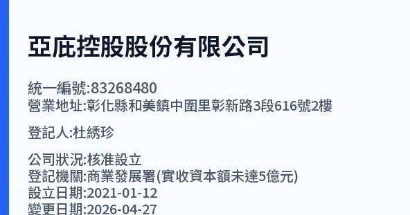 亞庇控股股份有限公司的照片-統編 83268480(彰化縣) 公司登記資料與營業項目詳細圖表