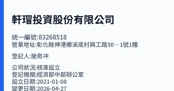軒瑁投資股份有限公司的照片-統編 83268518(彰化縣) 公司登記資料與營業項目詳細圖表