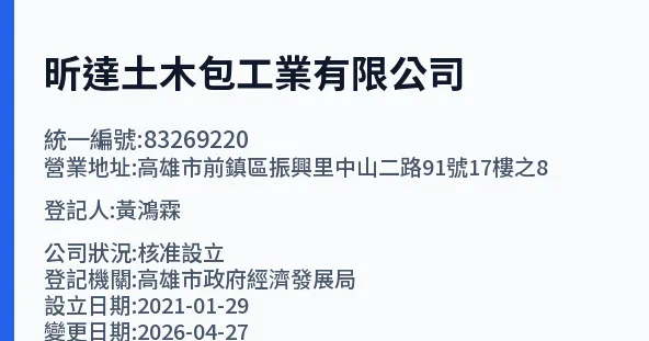 昕達土木包工業有限公司的照片-統編 83269220(高雄市) 公司登記資料與營業項目詳細圖表