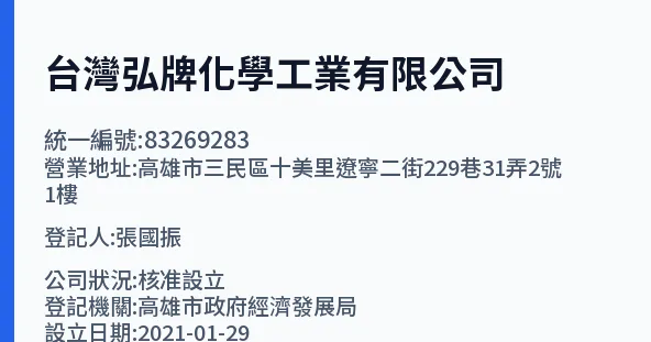 台灣弘牌化學工業有限公司的照片-統編 83269283(高雄市) 公司登記資料與營業項目詳細圖表
