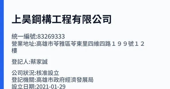 上昊鋼構工程有限公司的照片-統編 83269333(高雄市) 公司登記資料與營業項目詳細圖表