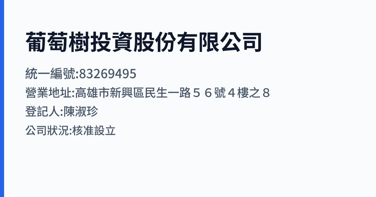 葡萄樹投資股份有限公司 - 統編 83269495(高雄市) 公司登記資料與營業項目詳細圖表