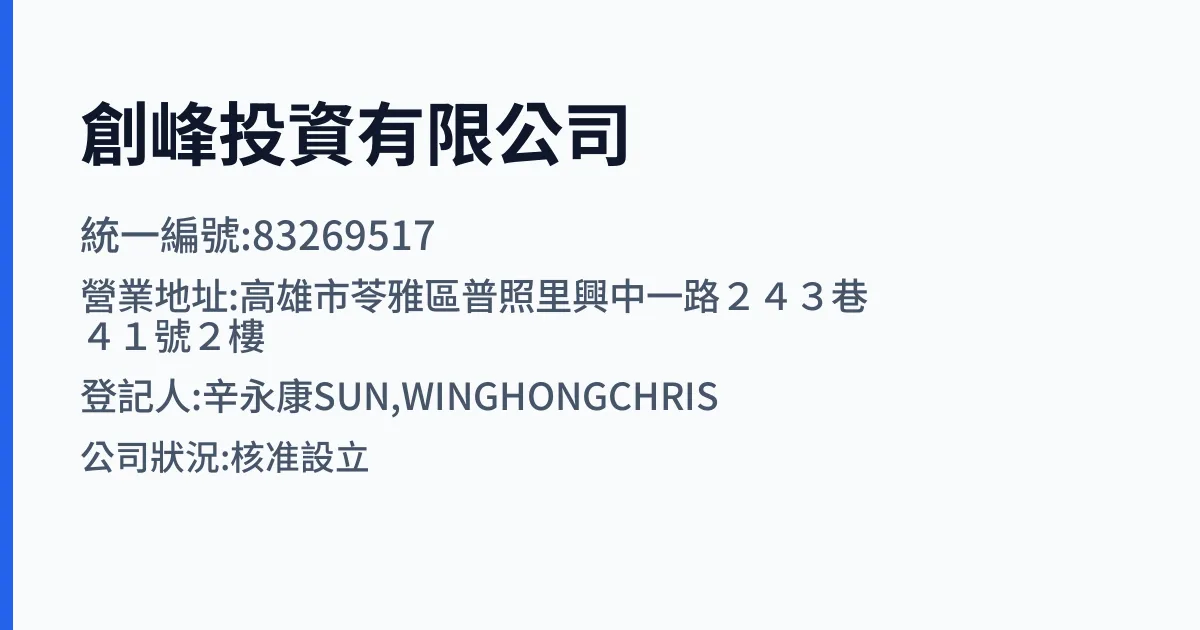 創峰投資有限公司 - 統編 83269517(高雄市) 公司登記資料與營業項目詳細圖表