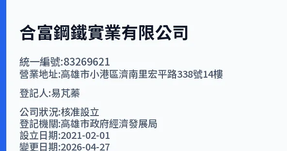 合富鋼鐵實業有限公司的照片-統編 83269621(高雄市) 公司登記資料與營業項目詳細圖表