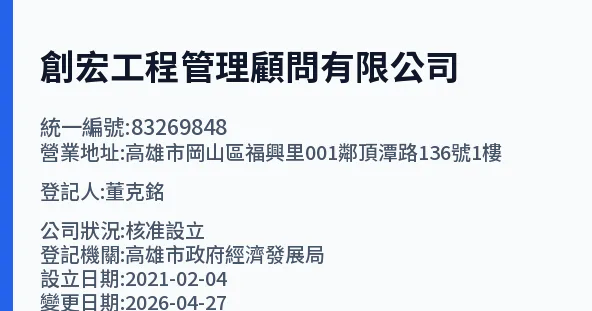 創宏工程管理顧問有限公司的照片-統編 83269848(高雄市) 公司登記資料與營業項目詳細圖表