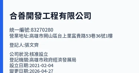 合善開發工程有限公司的照片-統編 83270280(高雄市) 公司登記資料與營業項目詳細圖表