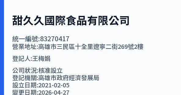 甜久久國際食品有限公司的照片-統編 83270417(高雄市) 公司登記資料與營業項目詳細圖表