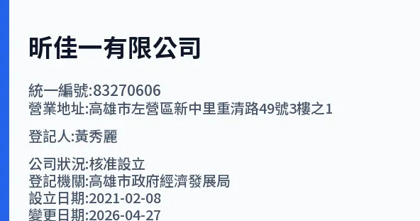 昕佳一有限公司的照片-統編 83270606(高雄市) 公司登記資料與營業項目詳細圖表
