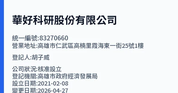 華好科研股份有限公司的照片-統編 83270660(高雄市) 公司登記資料與營業項目詳細圖表