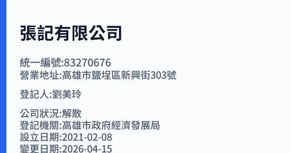 張記有限公司的照片-統編 83270676(高雄市) 公司登記資料與營業項目詳細圖表