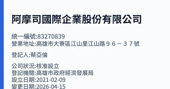 阿摩司國際企業股份有限公司的照片-統編 83270839(高雄市) 公司登記資料與營業項目詳細圖表