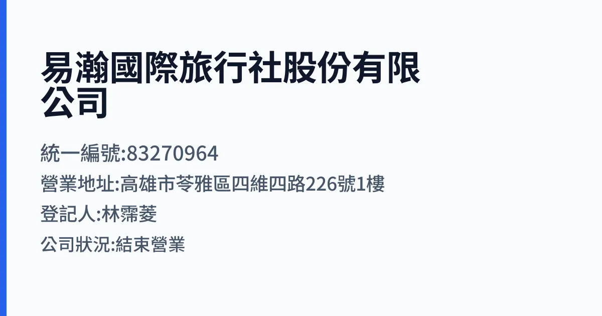 易瀚國際旅行社股份有限公司 - 統編 83270964(高雄市) 公司登記資料與營業項目詳細圖表