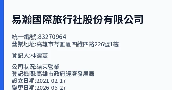 易瀚國際旅行社股份有限公司的照片-統編 83270964(高雄市) 公司登記資料與營業項目詳細圖表