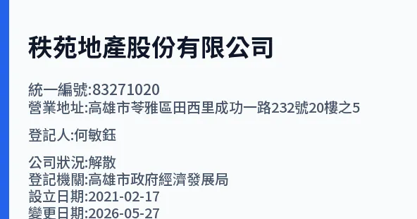 秩苑地產股份有限公司的照片-統編 83271020(高雄市) 公司登記資料與營業項目詳細圖表