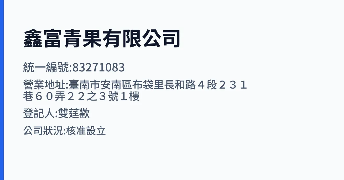 鑫富青果有限公司 - 統編 83271083(臺南市) 公司登記資料與營業項目詳細圖表