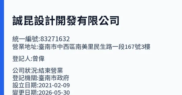 誠昆設計開發有限公司的照片-統編 83271632(臺南市) 公司登記資料與營業項目詳細圖表