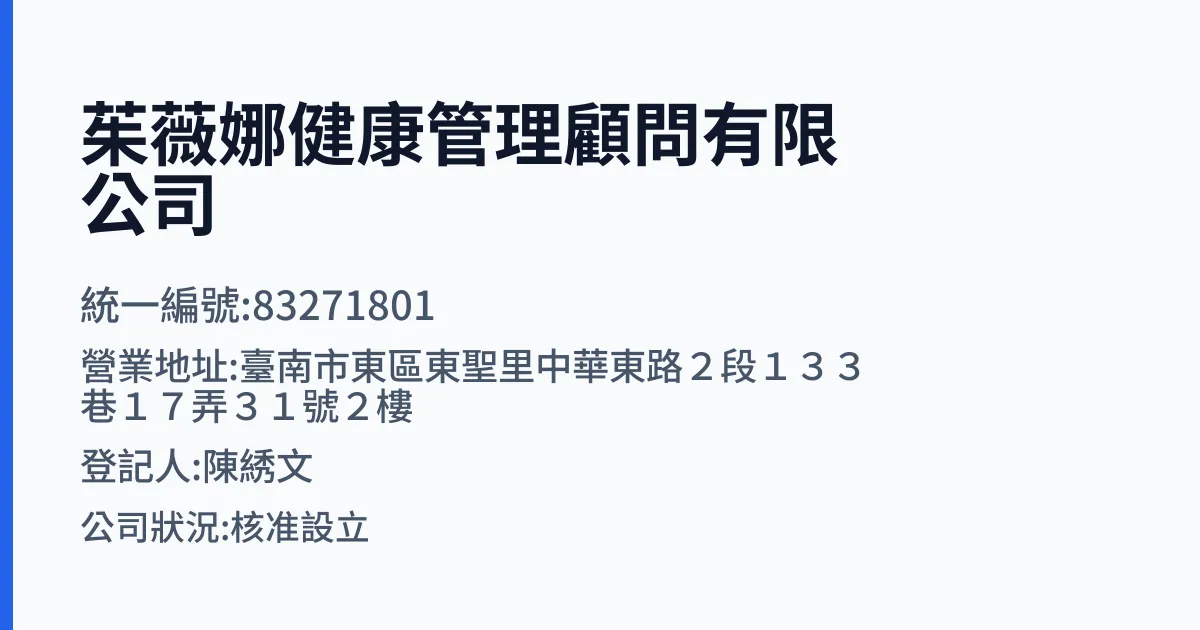 茱薇娜健康管理顧問有限公司 - 統編 83271801(臺南市) 公司登記資料與營業項目詳細圖表