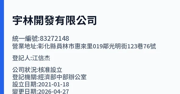 宇林開發有限公司的照片-統編 83272148(彰化縣) 公司登記資料與營業項目詳細圖表