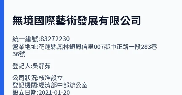無境國際藝術發展有限公司的照片-統編 83272230(花蓮縣) 公司登記資料與營業項目詳細圖表
