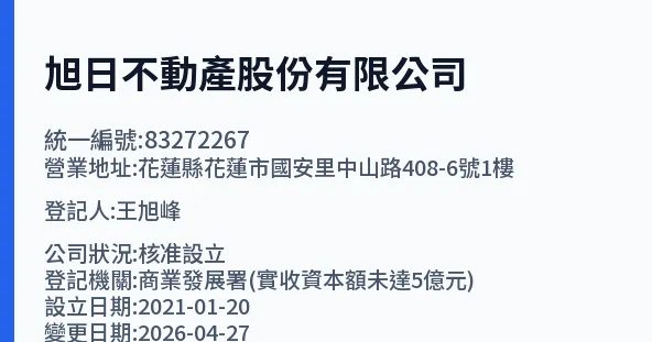 旭日不動產股份有限公司的照片-統編 83272267(花蓮縣) 公司登記資料與營業項目詳細圖表