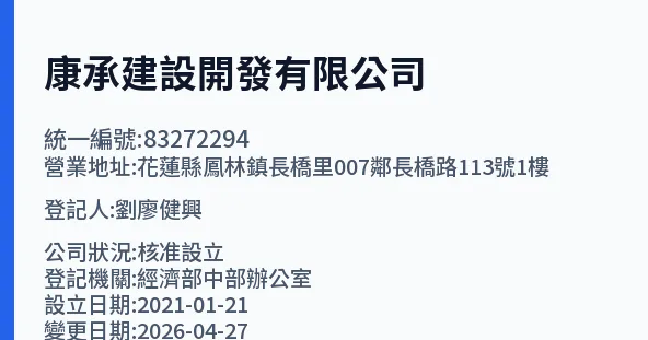 康承建設開發有限公司的照片-統編 83272294(花蓮縣) 公司登記資料與營業項目詳細圖表