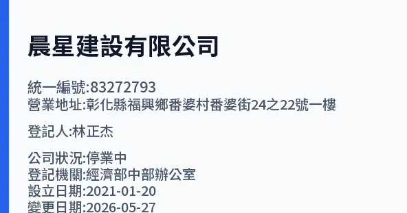 晨星建設有限公司的照片-統編 83272793(彰化縣) 公司登記資料與營業項目詳細圖表