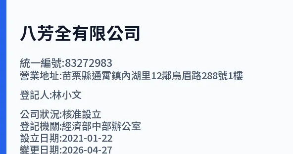 八芳全有限公司的照片-統編 83272983(苗栗縣) 公司登記資料與營業項目詳細圖表