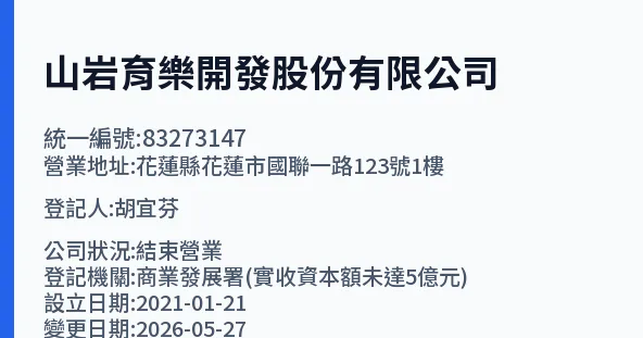 山岩育樂開發股份有限公司的照片-統編 83273147(花蓮縣) 公司登記資料與營業項目詳細圖表