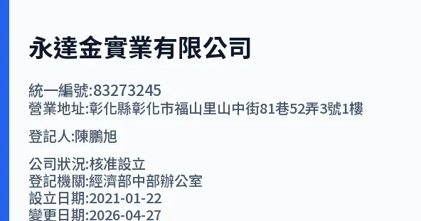 永達金實業有限公司的照片-統編 83273245(彰化縣) 公司登記資料與營業項目詳細圖表