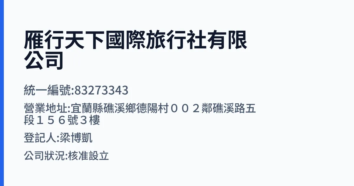 雁行天下國際旅行社有限公司 - 統編 83273343(宜蘭縣) 公司登記資料與營業項目詳細圖表