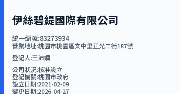 伊絲碧緹國際有限公司的照片-統編 83273934(桃園市) 公司登記資料與營業項目詳細圖表