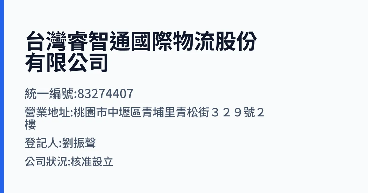 台灣睿智通國際物流股份有限公司 - 統編 83274407（桃園市） 公司登記資料與營業項目詳細圖表