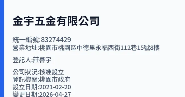 金宇五金有限公司的照片-統編 83274429(桃園市) 公司登記資料與營業項目詳細圖表
