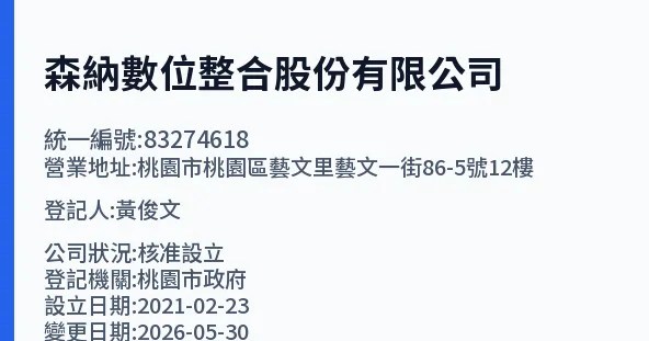 森納數位整合股份有限公司的照片-統編 83274618(桃園市) 公司登記資料與營業項目詳細圖表